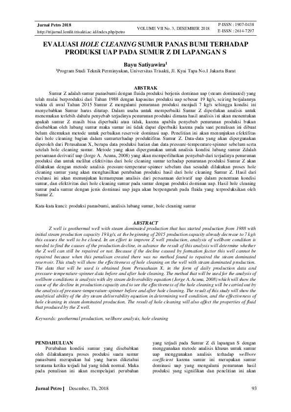 (PDF) Evaluasi Hole Cleaning Sumur Panas Bumi Terhadap Produksi Uap Pada Sumur Z DI Lapangan S
