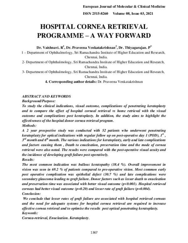 (PDF) Hospital Cornea Retrieval Programme – a Way Forward