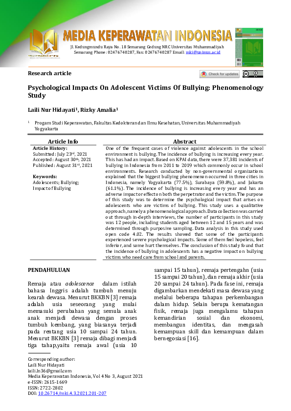(PDF) Psychological Impacts On Adolescent Victims Of Bullying ...