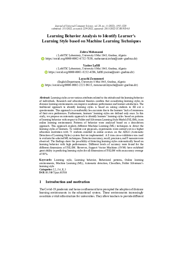 (PDF) Learning Behavior Analysis to Identify Learner’s Learning Style based on Machine Learning ...