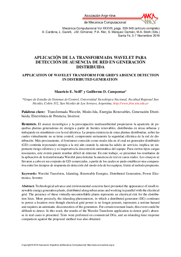 (PDF) Aplicación de la Transformada Wavelet para Detección de Ausencia de Red en Generación ...