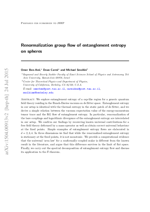 (PDF) Renormalization group flow of entanglement entropy on spheres | Dean Carmi - Academia.edu