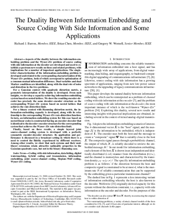 Pdf The Duality Between Information Embedding And Source Coding With