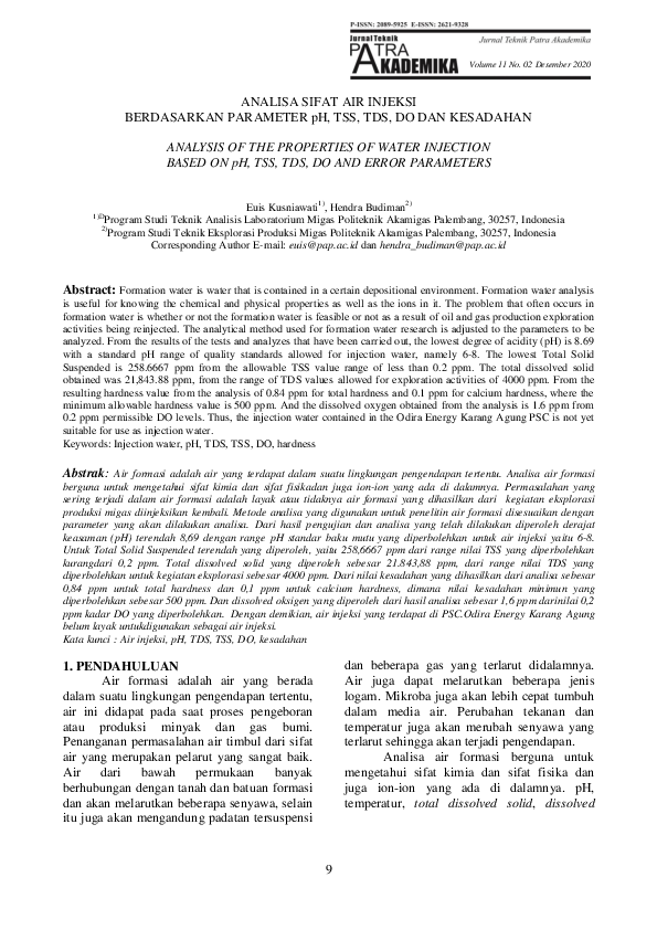 (PDF) A ANALISA SIFAT AIR INJEKSI BERDASARKAN PARAMETER pH, TSS, TDS ...