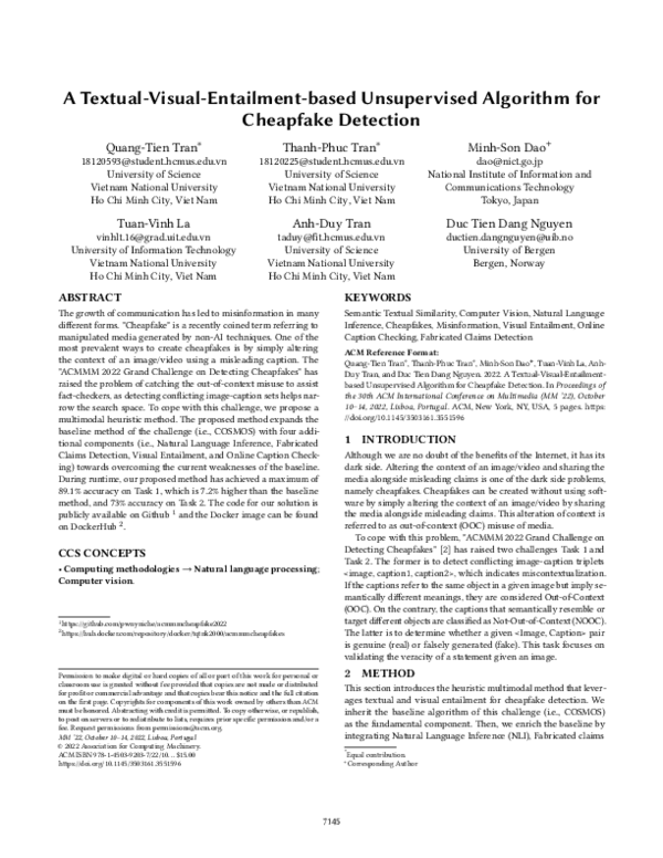 (PDF) A Textual-Visual-Entailment-based Unsupervised Algorithm for Cheapfake Detection | Son Dao ...