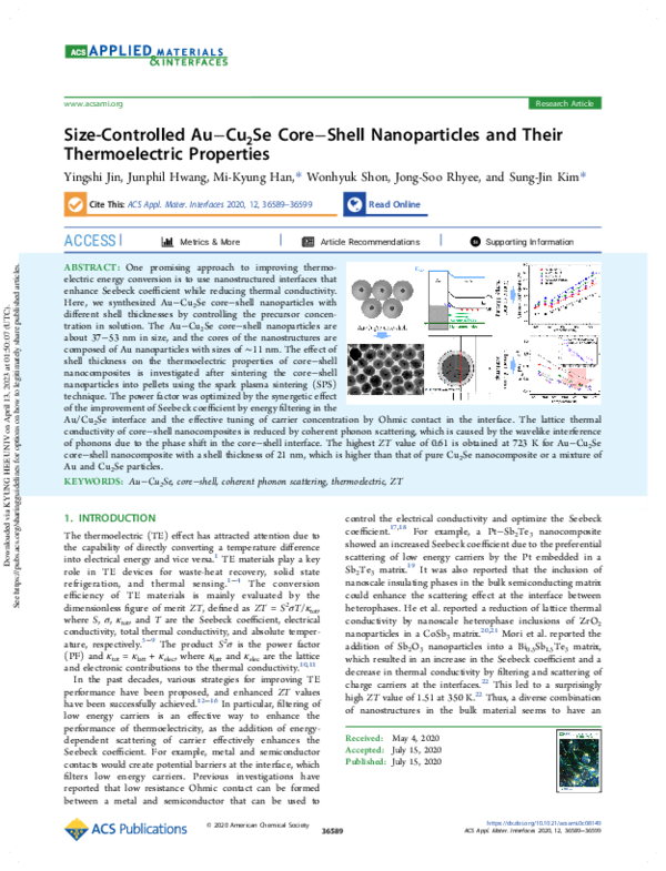 (PDF) Size-Controlled Au−Cu 2 Se Core−Shell Nanoparticles and Their Thermoelectric Properties