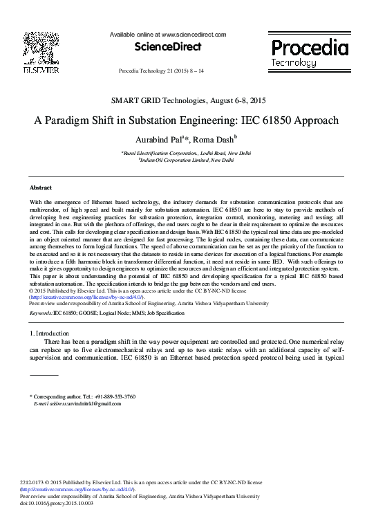 Pdf A Paradigm Shift In Substation Engineering Iec 61850 Approach