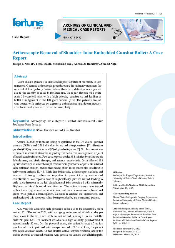 (PDF) Arthroscopic Removal of Shoulder Joint Embedded Gunshot Bullet: A ...