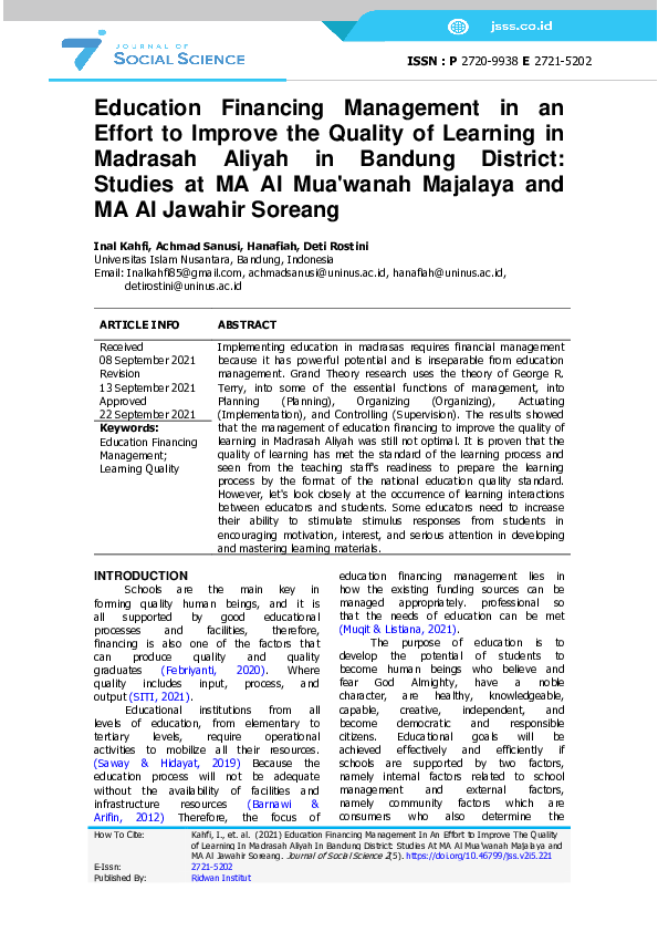 (PDF) Education Financing Management in an Effort to Improve the Quality of Learning in Madrasah ...