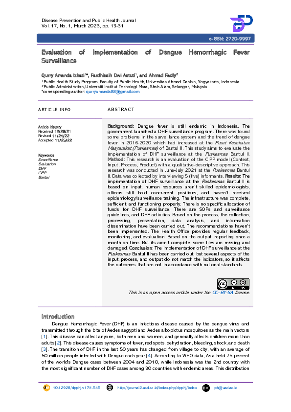 Pdf Evaluation Of Implementation Of Dengue Hemorrhagic Fever Surveillance