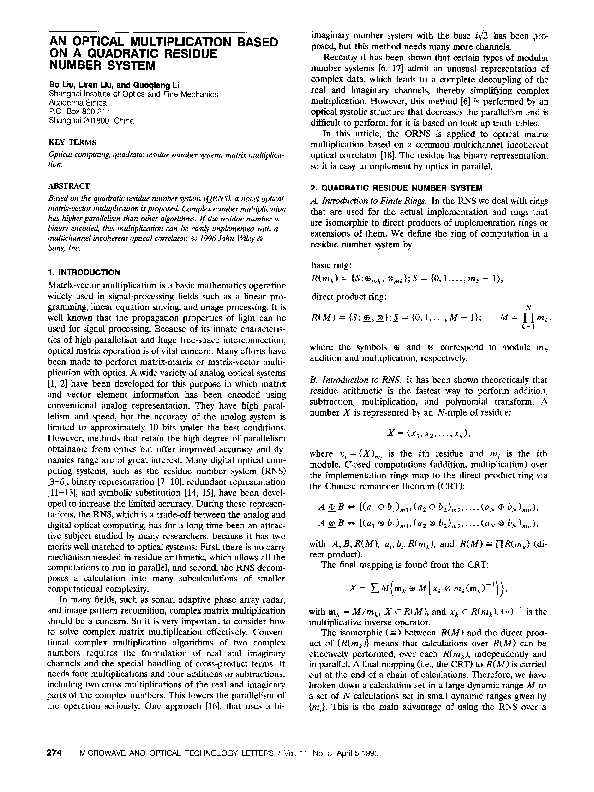 (PDF) An optical multiplication based on a quadratic residue number system