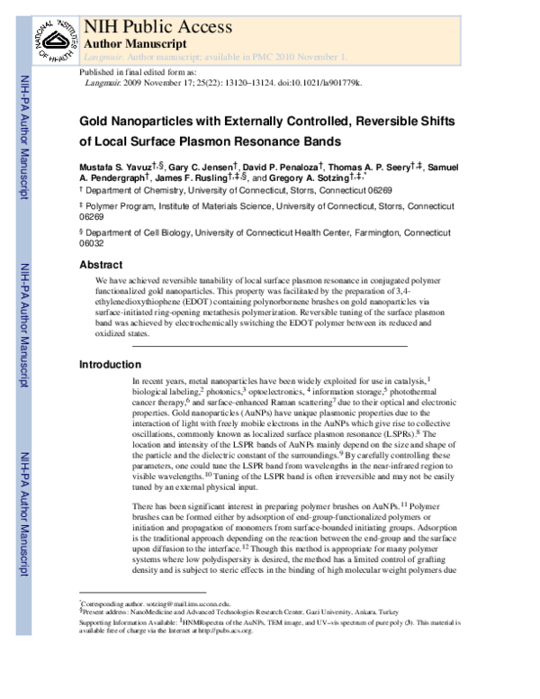 (PDF) Gold Nanoparticles with Externally Controlled, Reversible Shifts ...