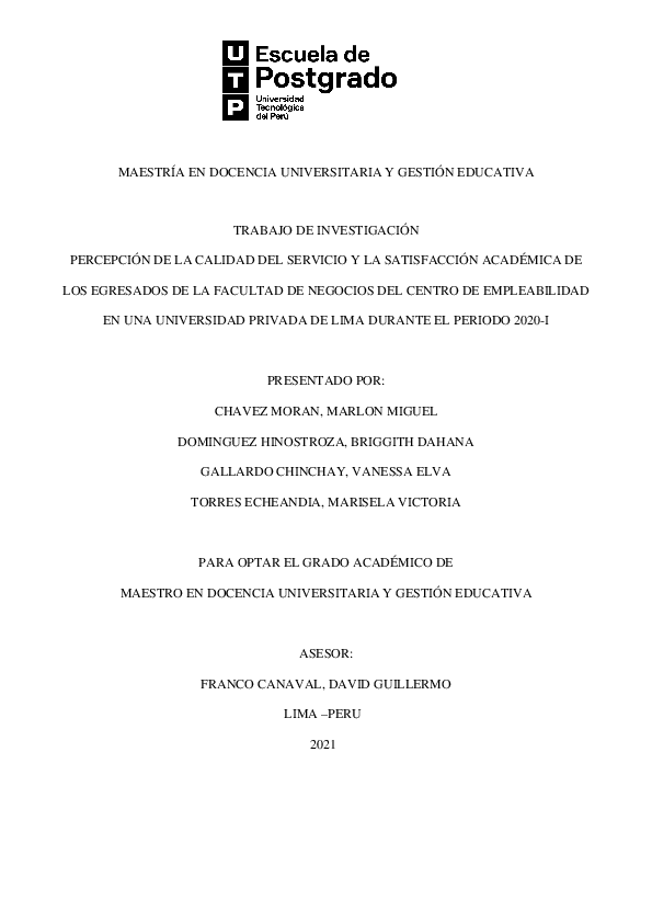 (PDF) Percepción de la calidad del servicio y la satisfacción académica de los egresados de la ...