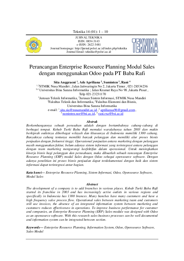 (PDF) Perancangan Enterprise Resource Planning Modul Sales dengan menggunakan Odoo pada PT Baba Rafi