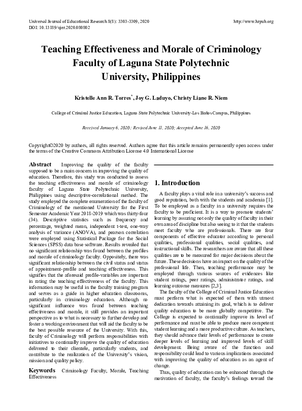 (PDF) Teaching Effectiveness and Morale of Criminology Faculty of Laguna State Polytechnic ...