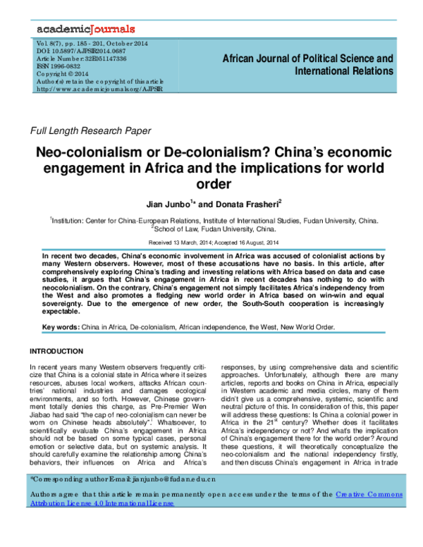 (PDF) Neo-colonialism or De-colonialism? Chinas economic engagement in ...