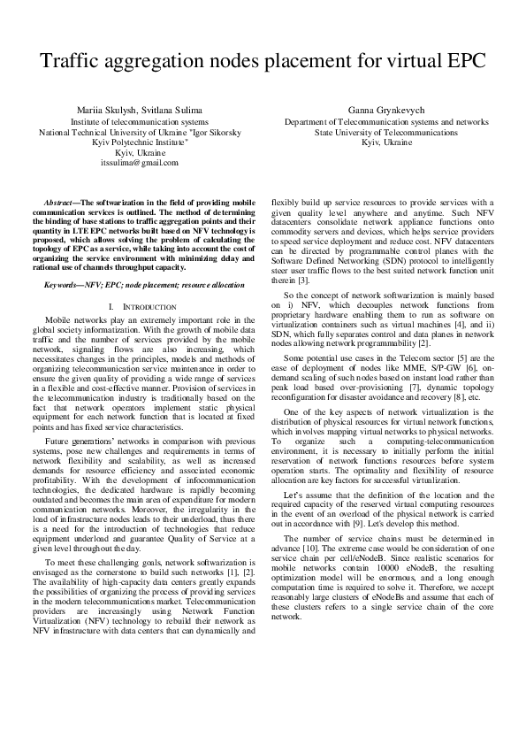 (PDF) Traffic aggregation nodes placement for virtual EPC