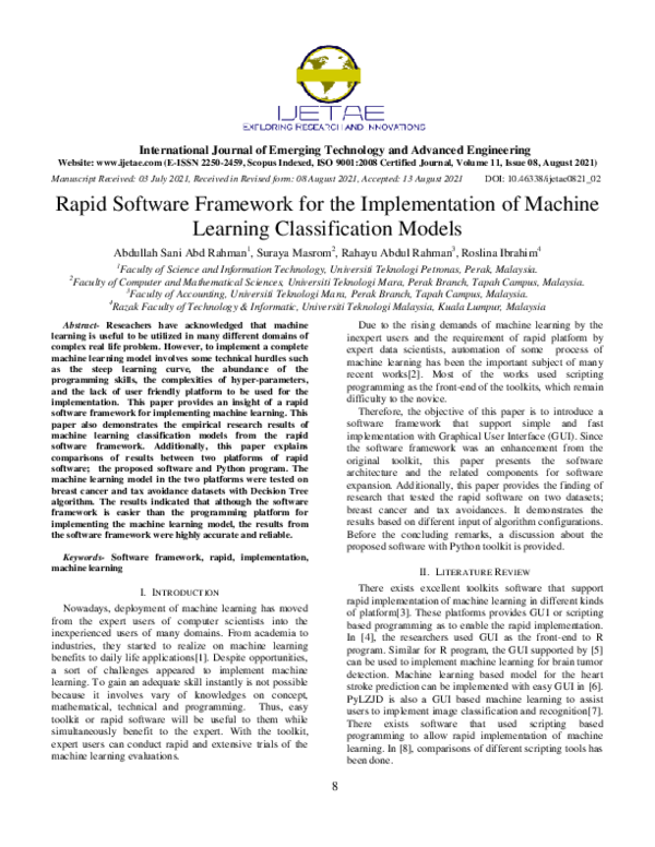 (PDF) Rapid Software Framework for the Implementation of Machine Learning Classification Models