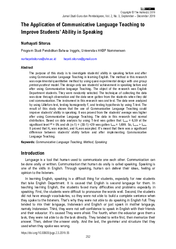 (PDF) The Application of Communicative Language Teaching to Improve Students’ Ability in Speaking