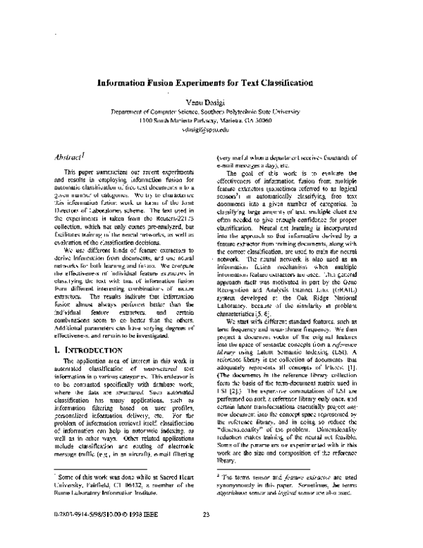 (PDF) Information fusion experiments for text classification