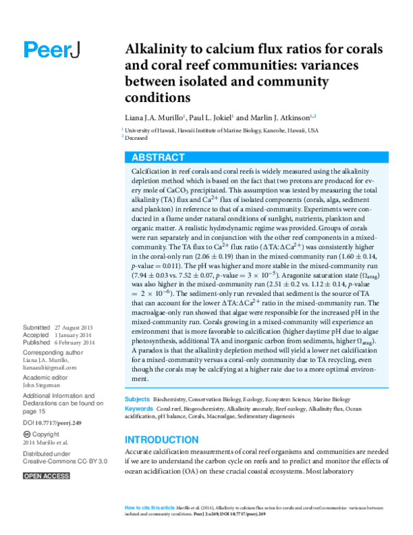 (PDF) Alkalinity to calcium flux ratios for corals and coral reef ...