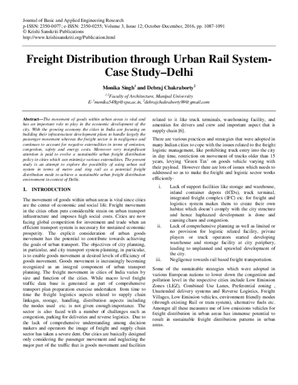 (PDF) Freight Distribution through Urban Rail System-Case Study-Delhi
