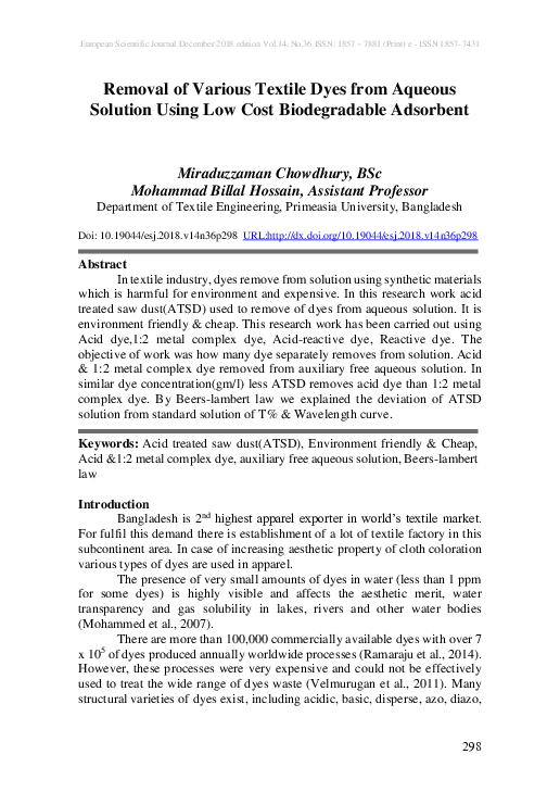 (PDF) Removal of Various Textile Dyes from Aqueous Solution Using Low Cost Biodegradable Adsorbent