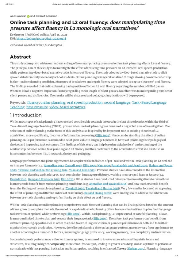 (PDF) Online task planning and L2 oral fluency: does manipulating time ...
