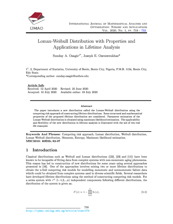 (PDF) Lomax-Weibull Distribution with Properties and Applications in Lifetime Analysis