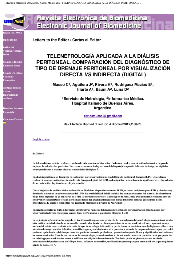 (PDF) Telenefrología Aplicada a La Diálisis Peritoneal. Comparación Del ...