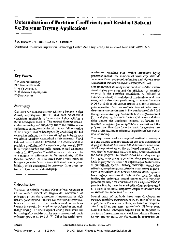 (PDF) Determination of partition coefficients and residual solvent for polymer drying applications