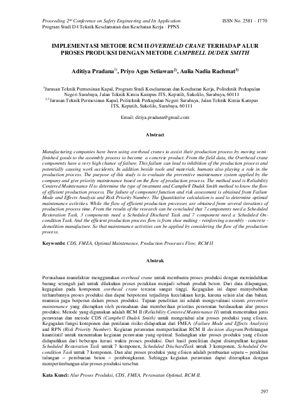 (PDF) Implementasi Metode RCM II Overhead Crane Terhadap Alur Proses Produksi Dengan Metode ...