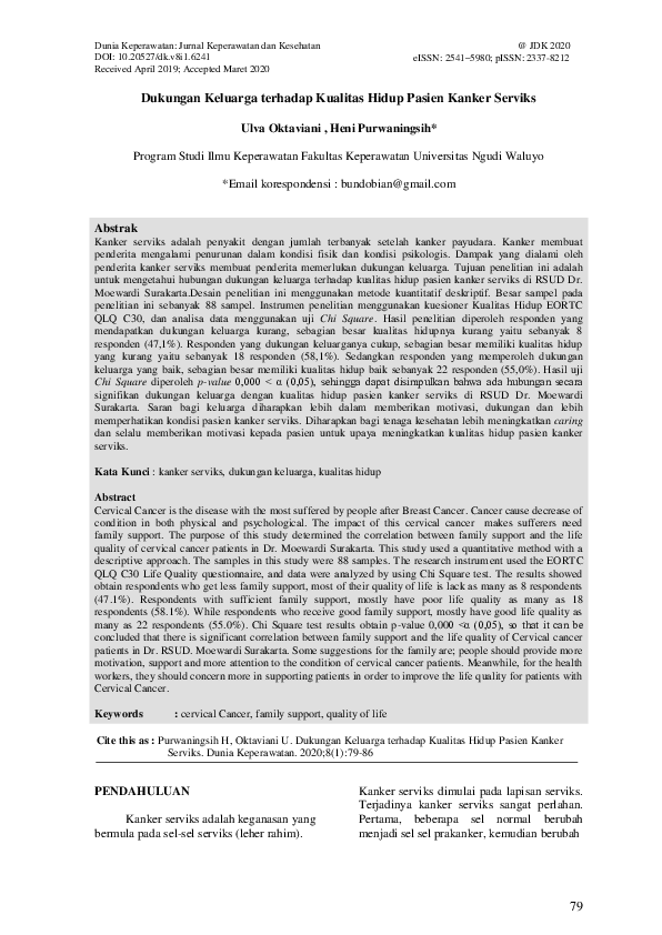 (PDF) Dukungan Keluarga terhadap Kualitas Hidup Pasien Kanker Servik | Heni Purwaningsih ...