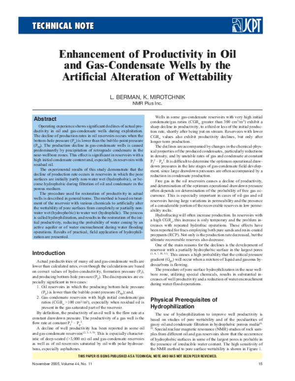 (PDF) Enhancement of Productivity in Oil and Gas-Condensate Wells by the Artificial Alteration ...
