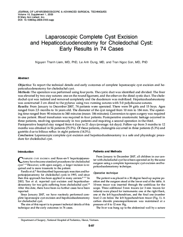 (PDF) Laparoscopic Complete Cyst Excision and Hepaticoduodenostomy for Choledochal Cyst: Early ...
