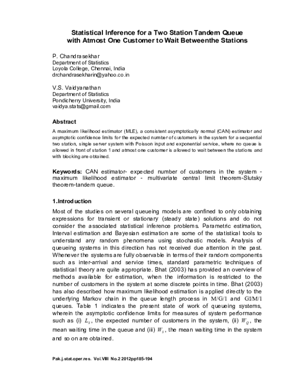 Pdf Statistical Inference For A Two Station Tandem Queue With Atmost One Customer To Wait