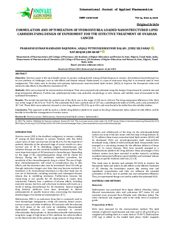 Pdf Formulation And Optimization Of Hydroxyurea Loaded Nanostructured Lipid Carriers Using