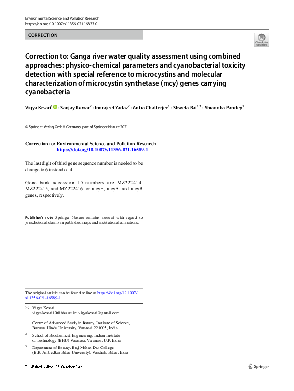 (PDF) Correction to: Ganga river water quality assessment using combined approaches: physico ...