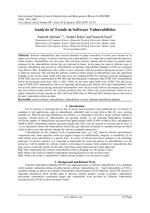 (PDF) Analysis of Trends in Software Vulnerabilities