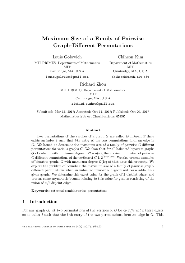 (PDF) Maximum Size of a Family of Pairwise Graph-Different Permutations