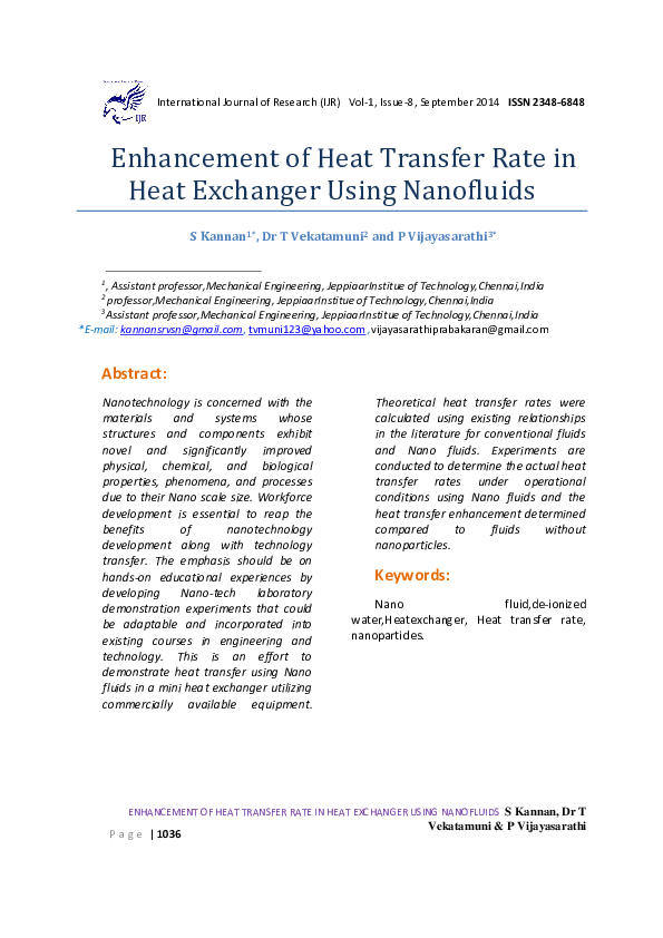 (PDF) ENHANCEMENT OF HEAT TRANSFER RATE IN HEAT EXCHANGER USING NANOFLUIDS