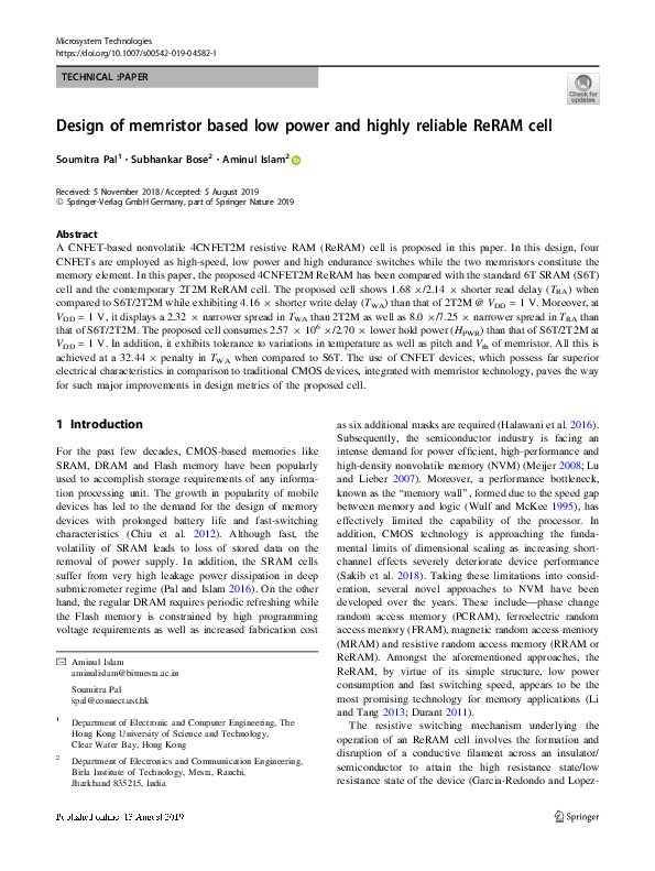 (PDF) Design of memristor based low power and highly reliable ReRAM cell