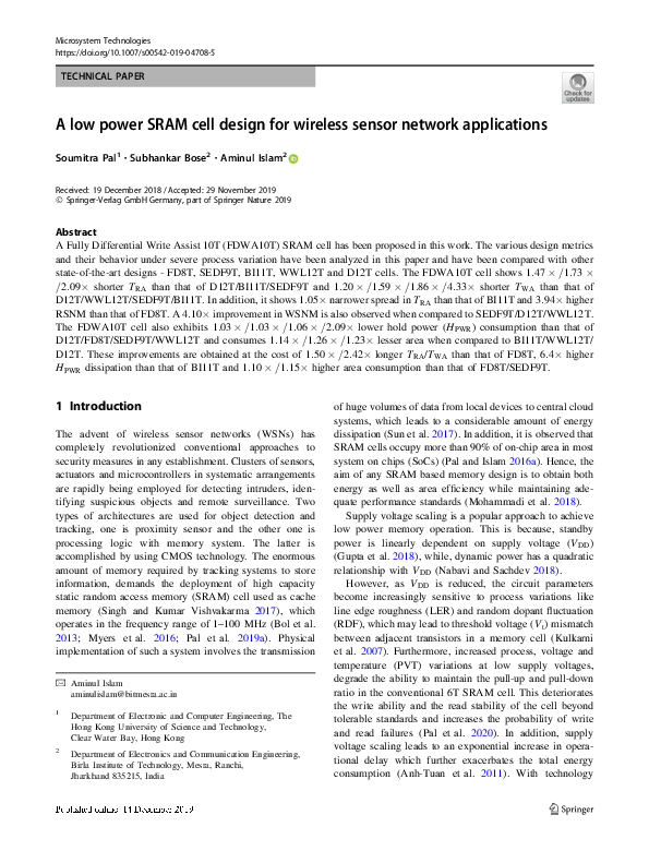 (PDF) A low power SRAM cell design for wireless sensor network applications