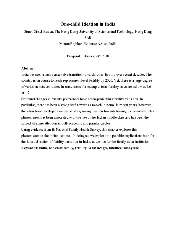 (PDF) Shifts in One-Child Ideation and Fertility in India