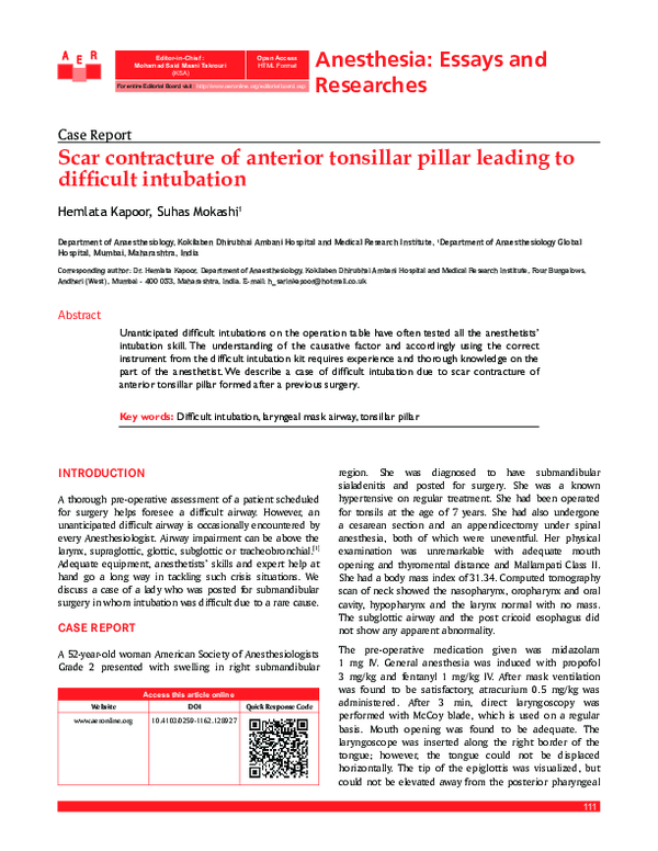 (PDF) Scar contracture of anterior tonsillar pillar leading to ...
