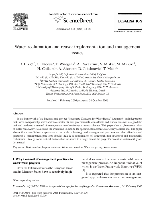 (PDF) Water reclamation and reuse: implementation and management issues ...