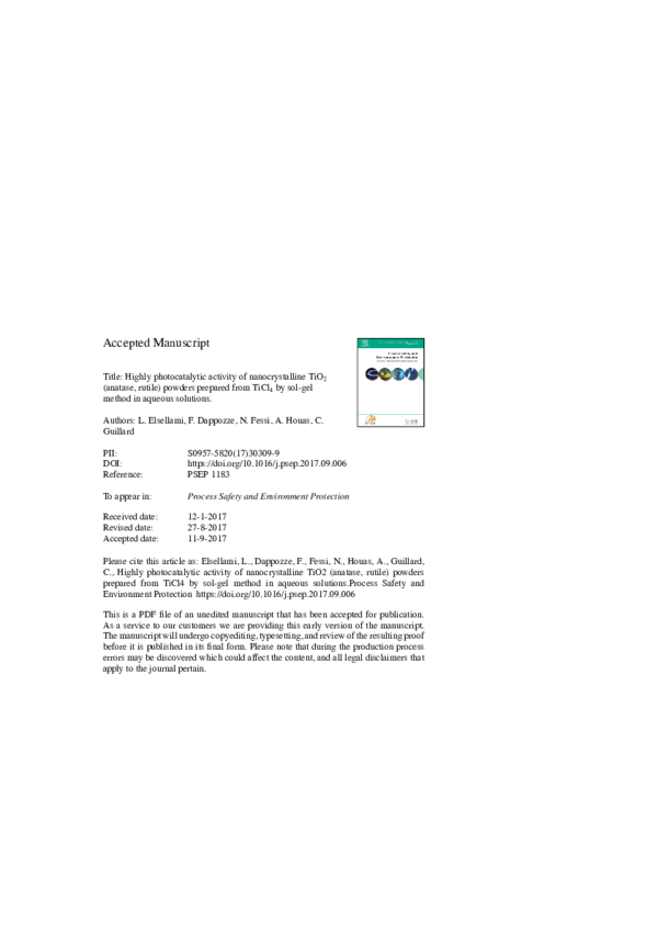 (PDF) Highly photocatalytic activity of nanocrystalline TiO2 (anatase, rutile) powders prepared ...