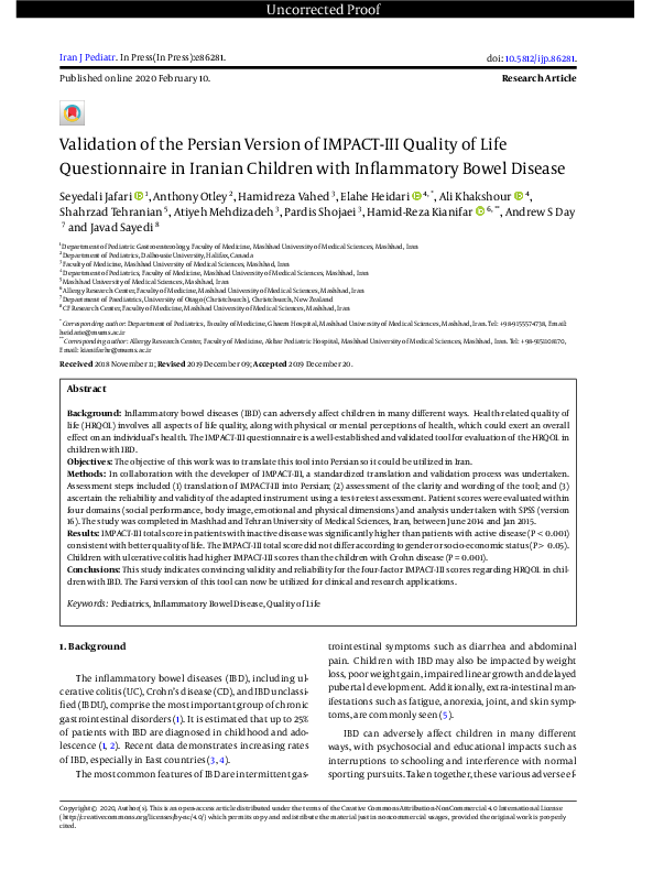 Pdf Validation Of The Persian Version Of Impact Iii Quality Of Life Questionnaire In Iranian
