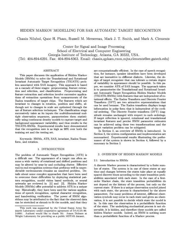 (PDF) Hidden Markov modelling for SAR automatic target recognition