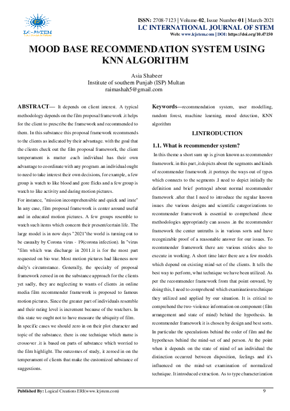 (PDF) Mood Base Recommendation System using KNN Algorithm